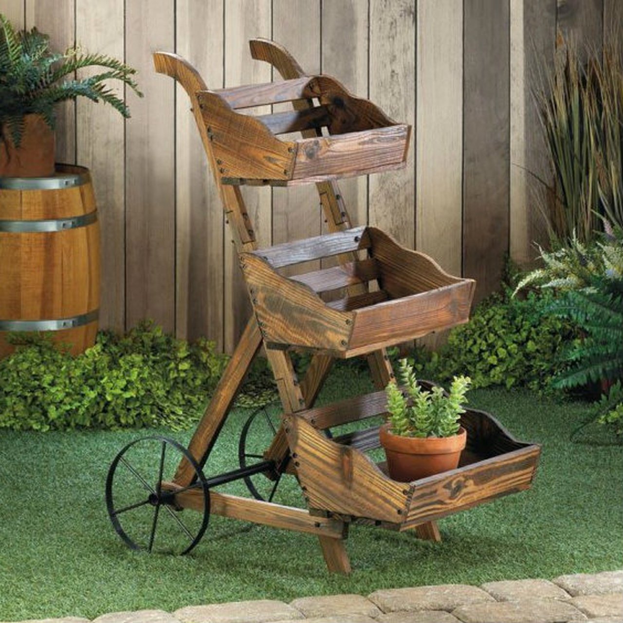 Wooden Three-Tier Plant Cart Stand
